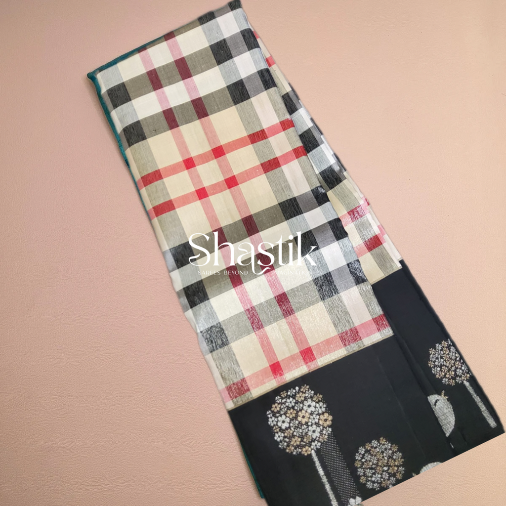 Burberry checks Kanchipuram silk saree in beige and black – Shastik Sarees